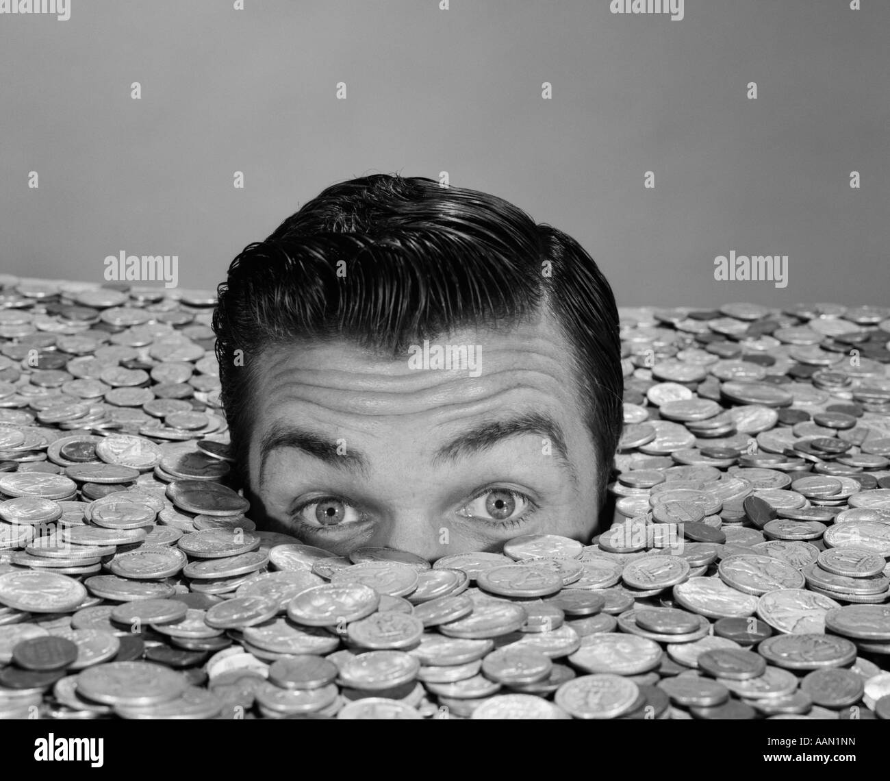 1950s 1960s FUNNY MAN BURIED UP TO EYES IN MONEY COINS DROWNING IN ...