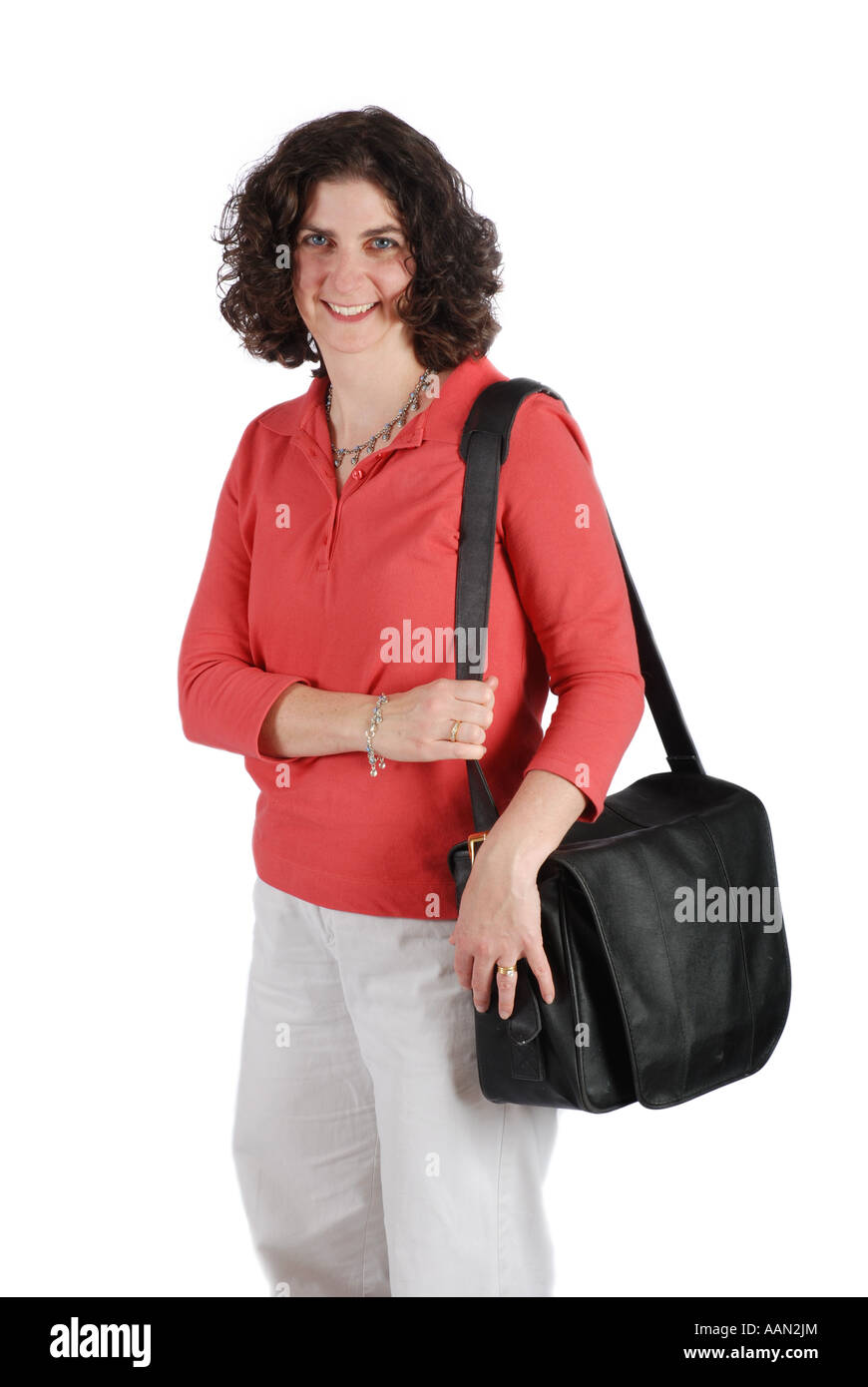 Thirty something woman carrying a portable breast pump. Isolated on ...