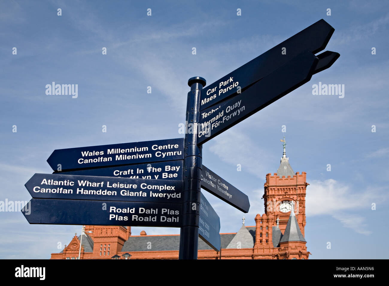 Tourist sign post in front of the Pierhead Building Cardiff Bay Wales ...