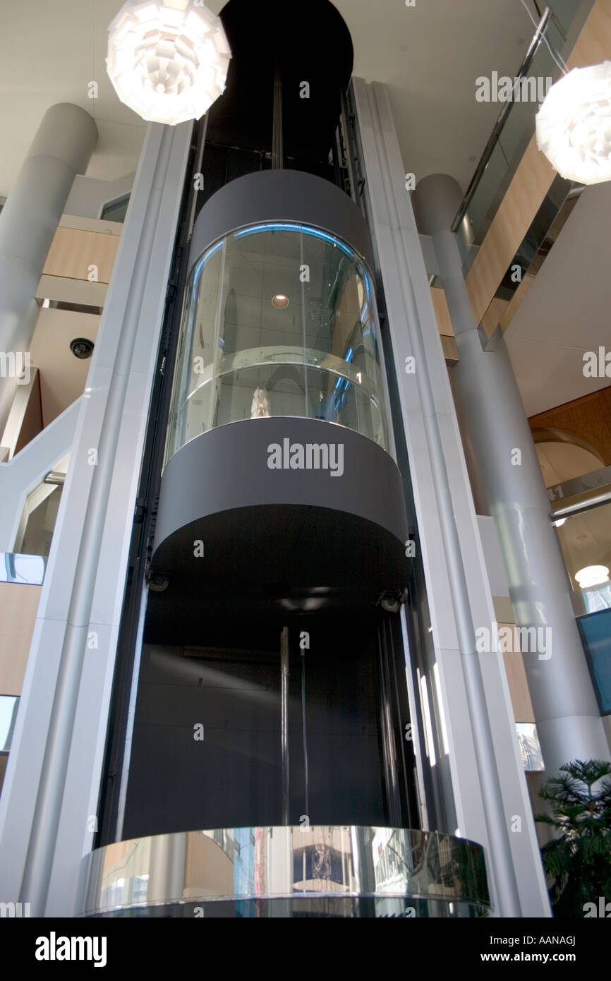 Glass elevator in downtown Campbell Mithun Tower. Minneapolis Minnesota ...