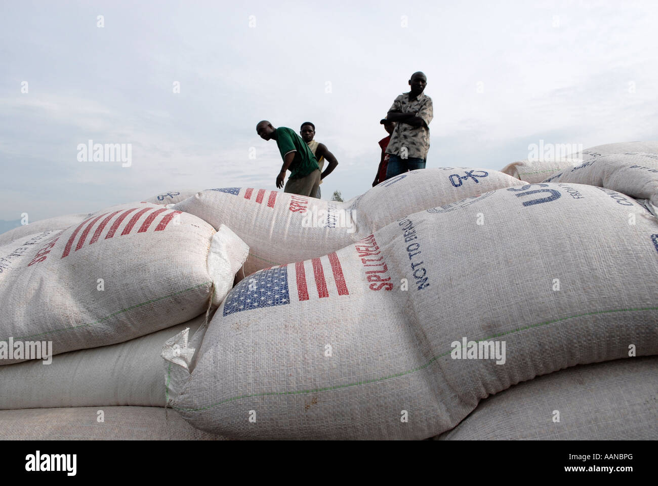 Large sacks of basic foodstuff donated by USAID at World Food Programme ...
