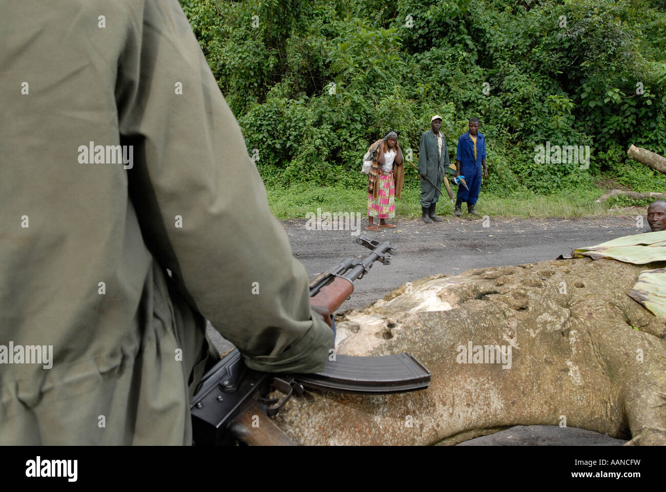 A FARDC Congolese government soldier stands guard with a Kalashnikov AK ...