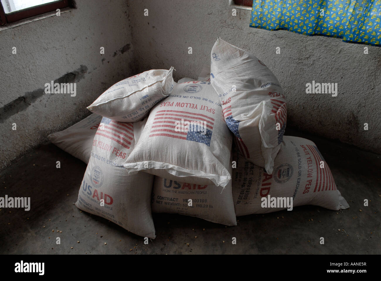 Large sacks of basic foodstuff donated by USAID at World Food Programme ...