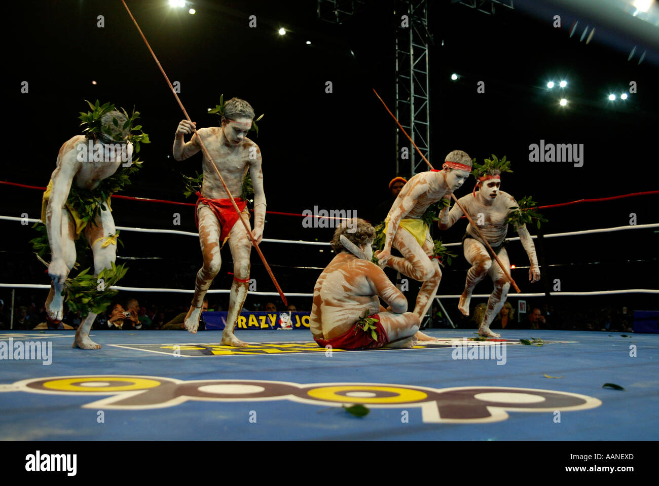 A group of aboriginal dancers perform at a boxing match in Sydney ...