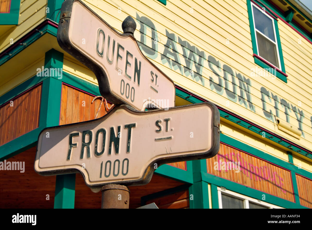 Dawson City General Store, Front Street, Queen Street, road sign, Yukon ...