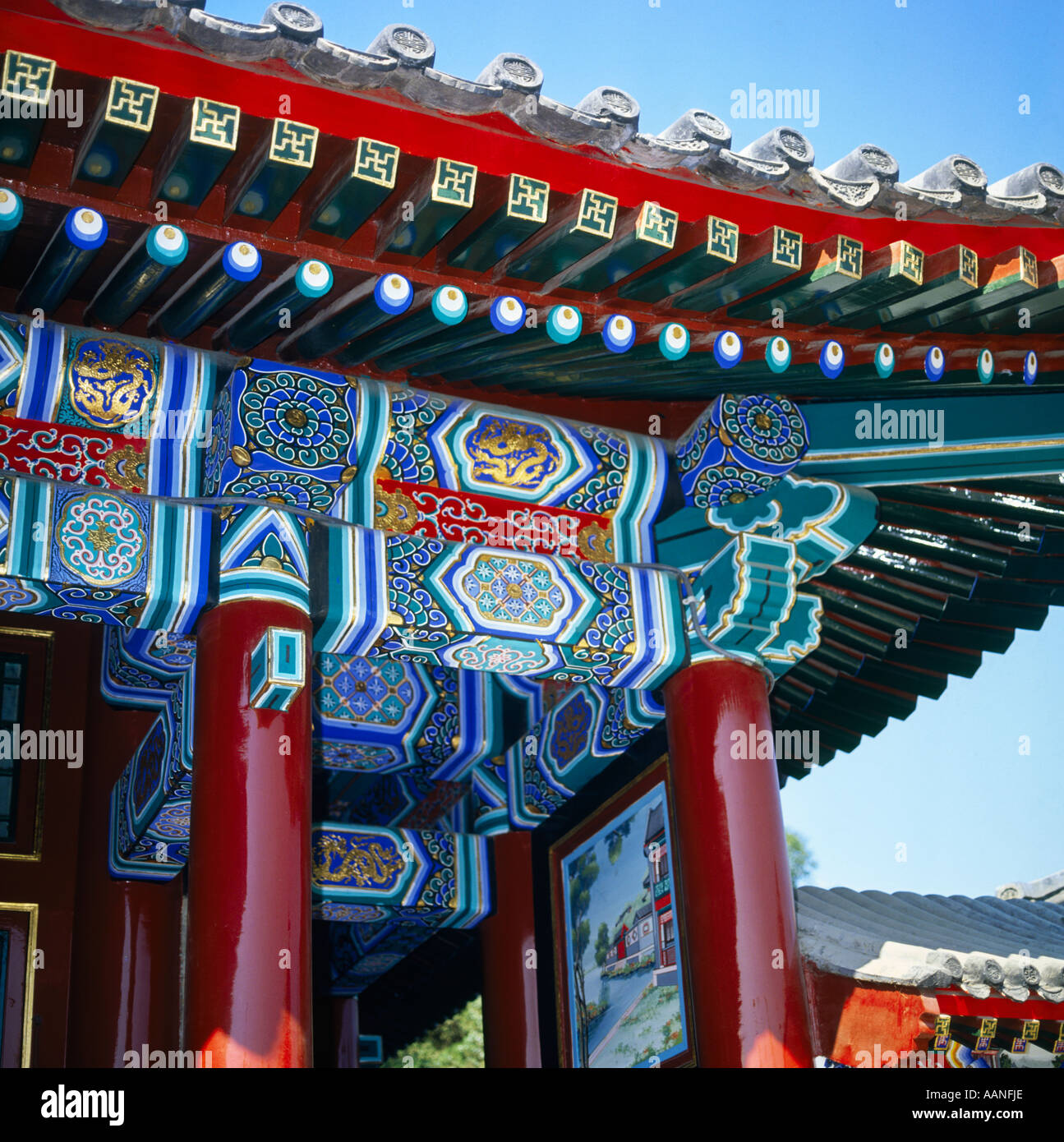 Close-up of exterior corner roof of the Summer Palace painted red green ...