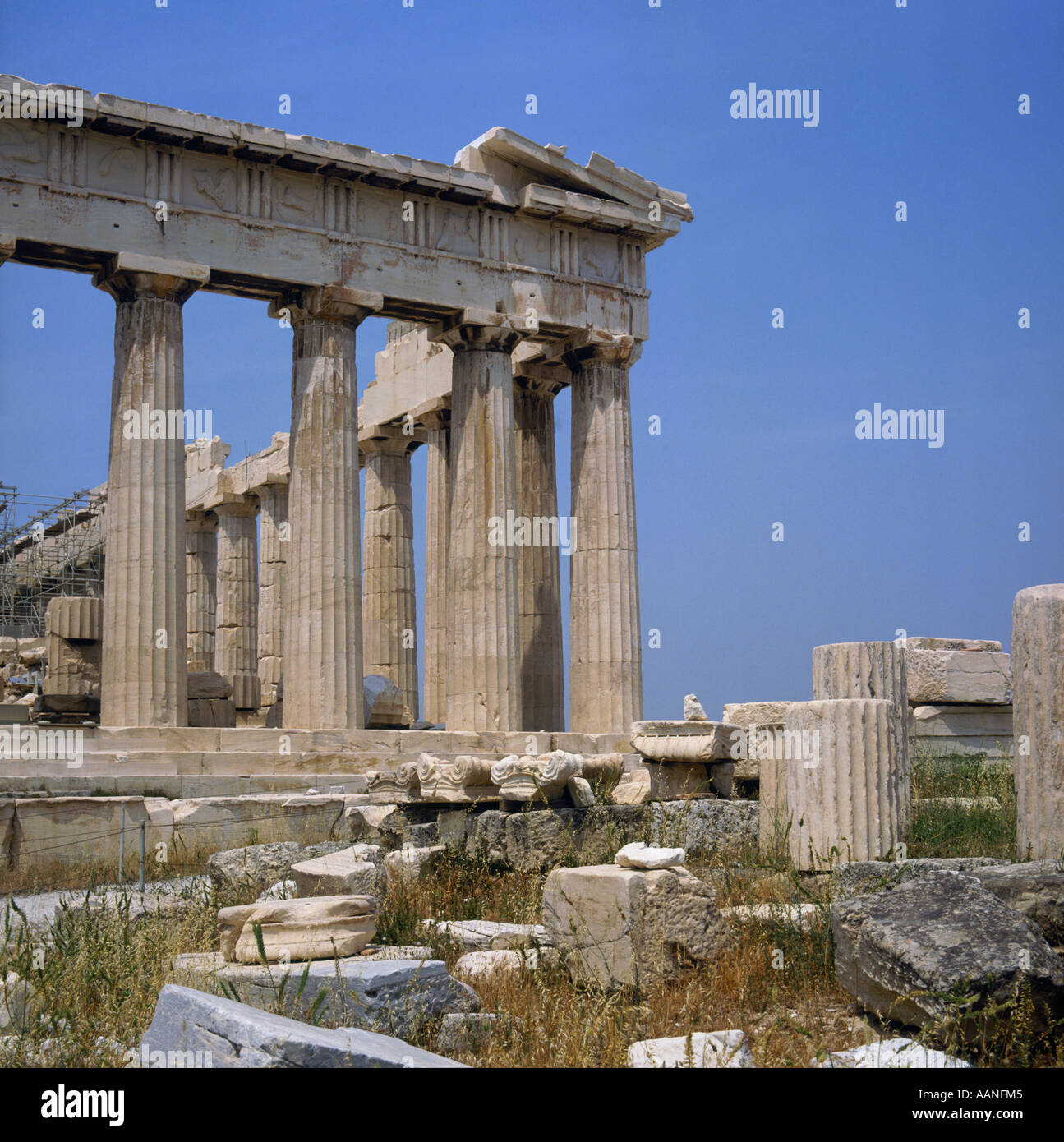 Corner at back of the Parthenon on the Acropolis hill showing Doric ...