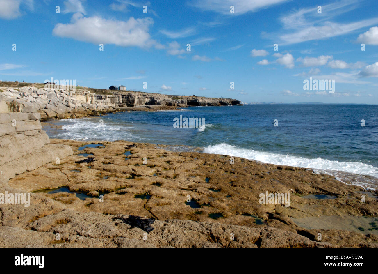 A wave cut platform at the shoreline on the UNESCO Jurassic World ...