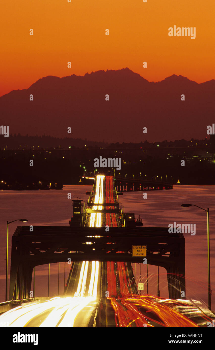 Evergreen floating bridge State Route 520 at sunset with car light ...