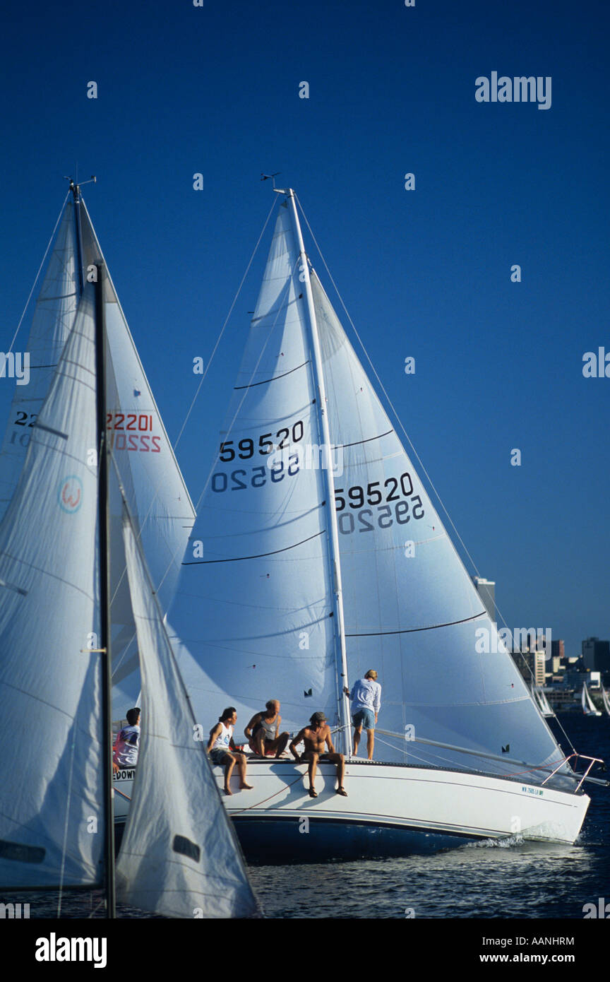 Sailboat race on Lake Union with sailboats neck and neck racing to the ...