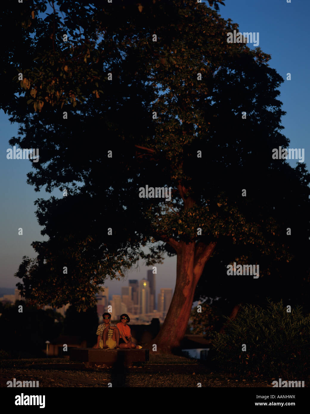 Seattle skyline framed through a Magnolia tree with Asian tourists ...