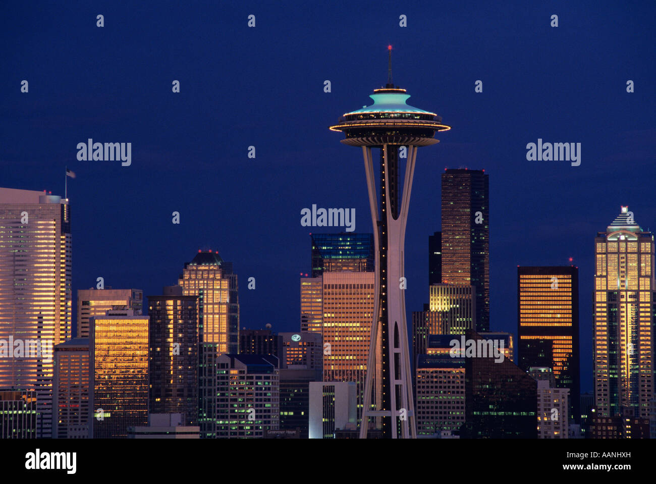 Retro image of Downtown Seattle with Space Needle with warm light at ...