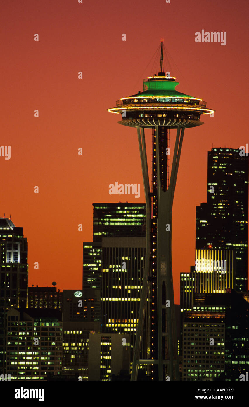 Retro image of downtown Seattle with Space Needle and city lights at ...