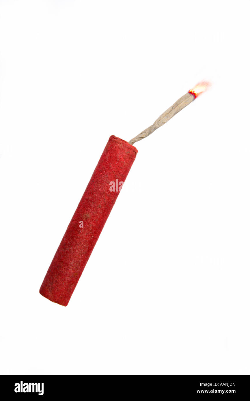 Red firecracker with burning fuse on white background Stock Photo - Alamy