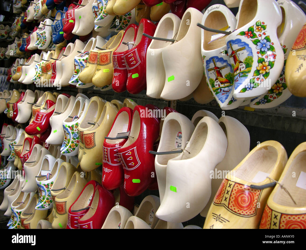 Dutch-typical wooden clog on a market stand in Amsterdam, Netherlands ...
