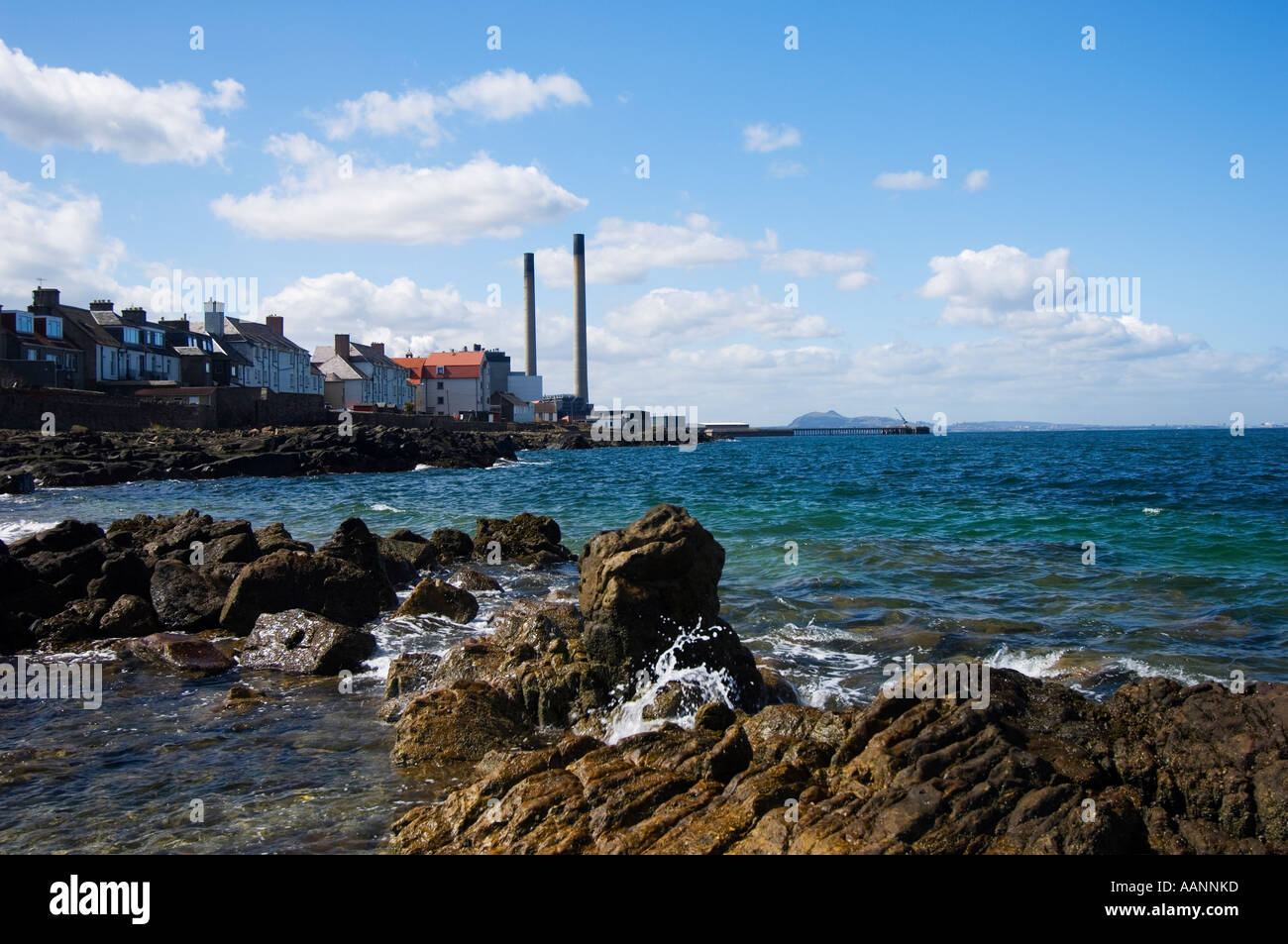 The coastal village of Cockenzie, East Lothian, Scotland, with the two ...