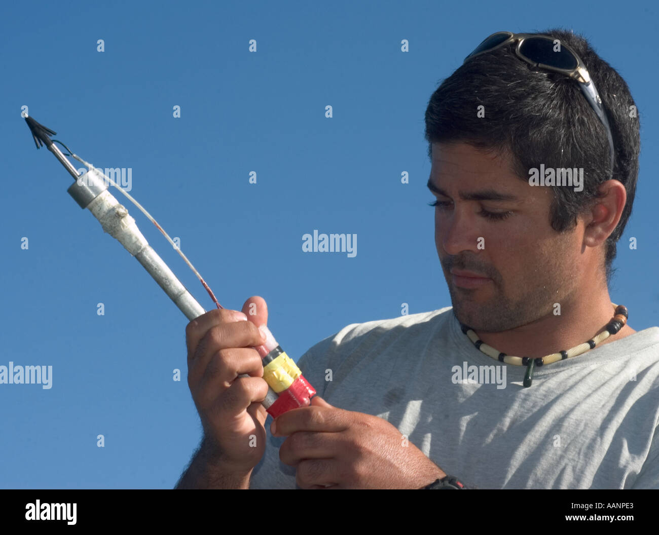 Ryan Johnson marine biologist and shark scientist prepares a tag for ...