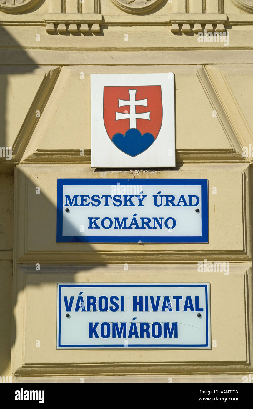 Komarno, Slovakia. Bilingual sign on Town Hall. Slovak / Hungarian ...