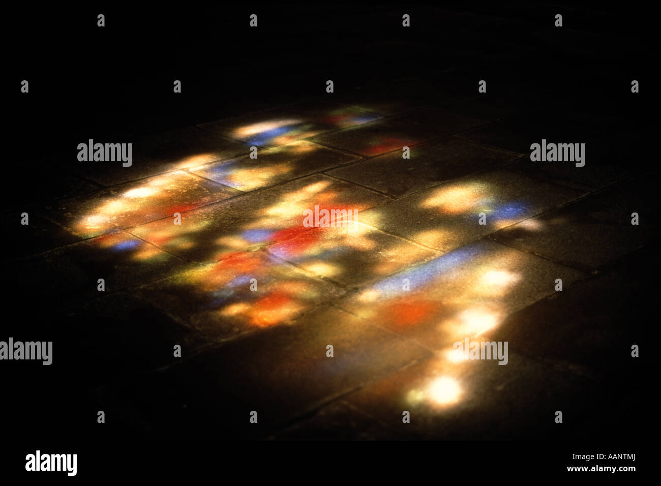 Reflection of stained glass window, Notre Dame church, Orbec, France ...