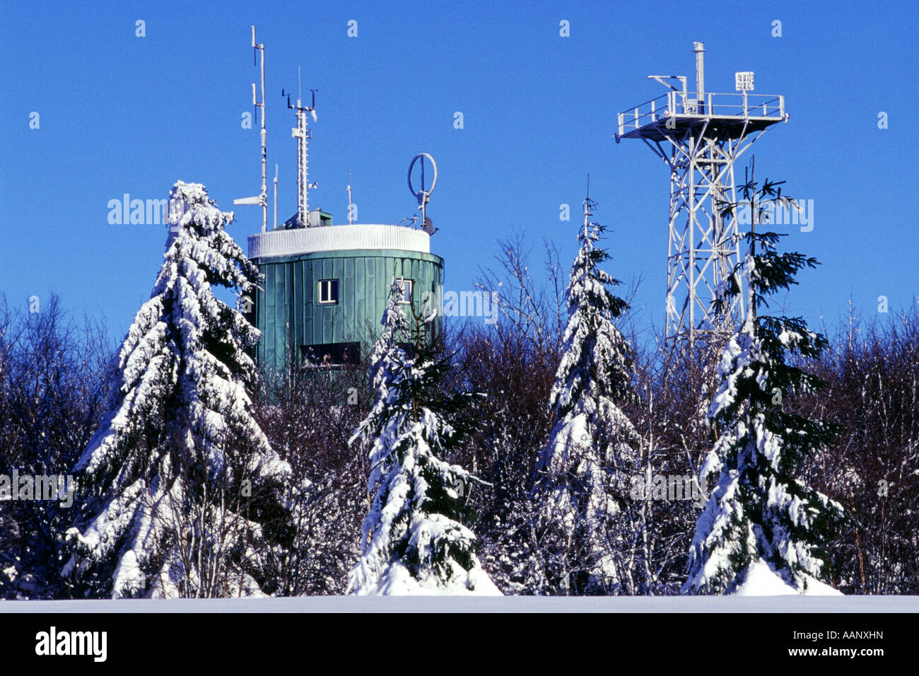 Old weather station in winter forest, Germany, North Rhine-Westphalia ...