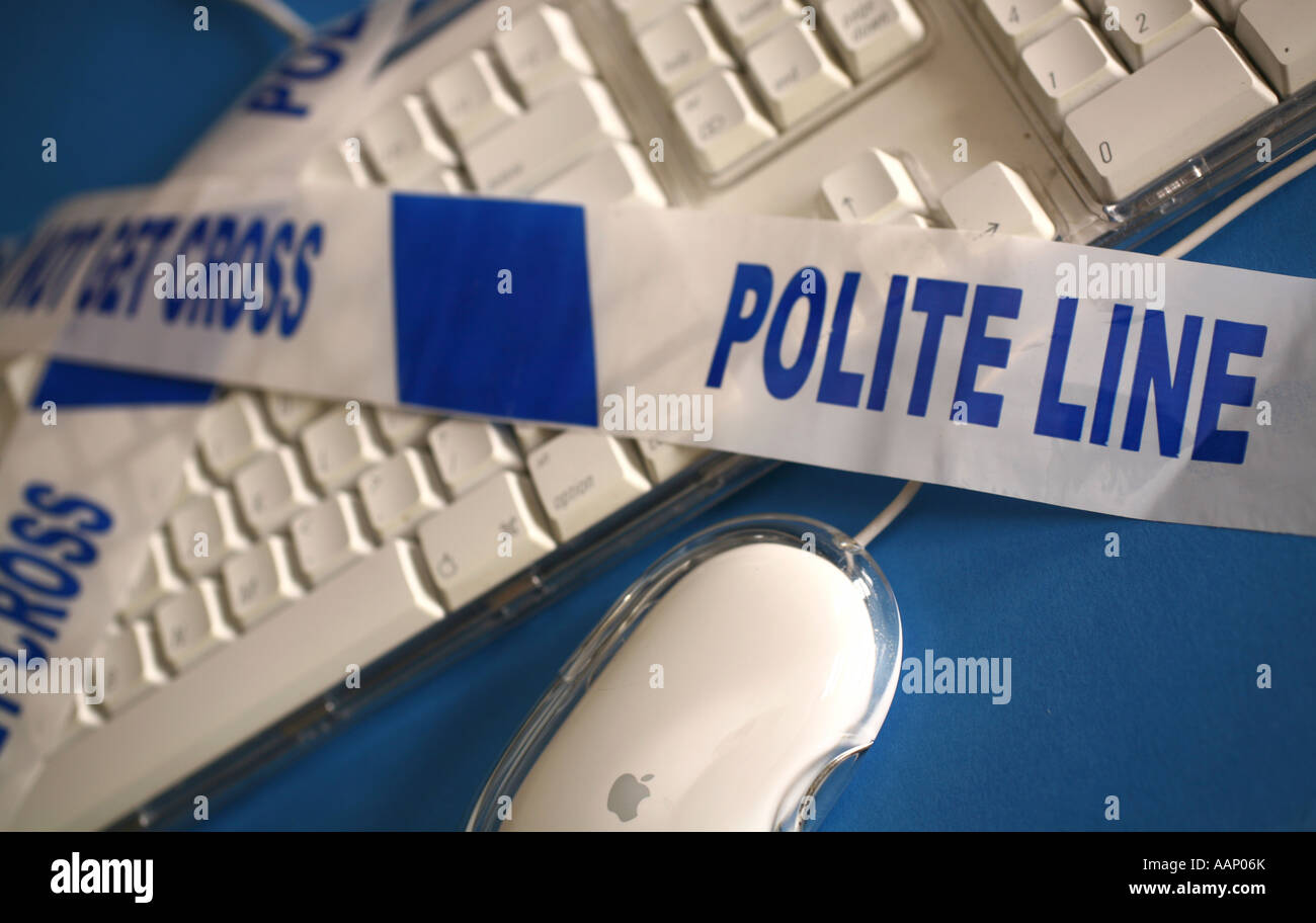 Polite Line Do Not Get Cross tape and computer keyboard Stock Photo - Alamy