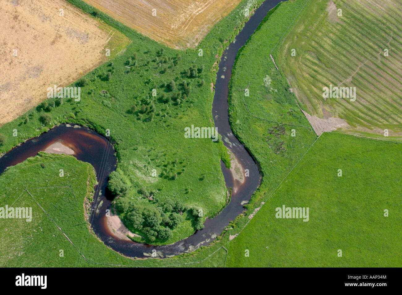 Winding river through fields taken showing an Ox Bow river feature from ...