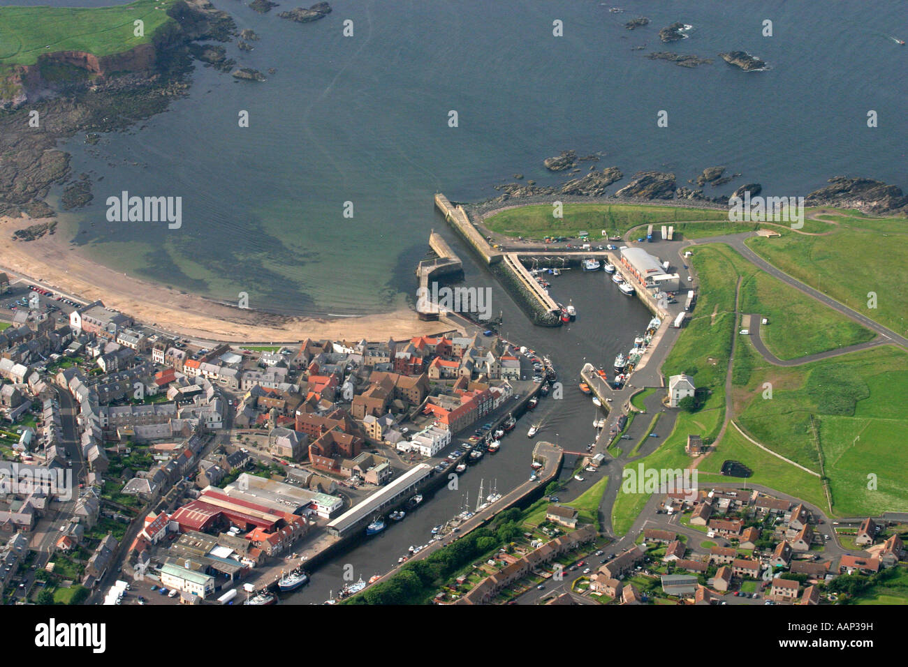 Aerial view of the fishing port of Eyemouth, Scottish Border country ...