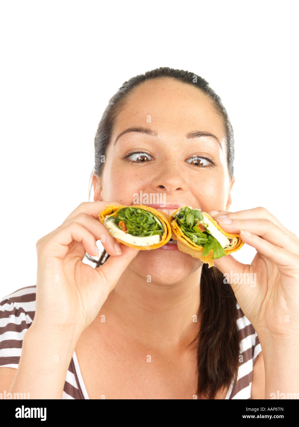 Young Woman Eating Chicken Wrap Model Released Stock Photo - Alamy