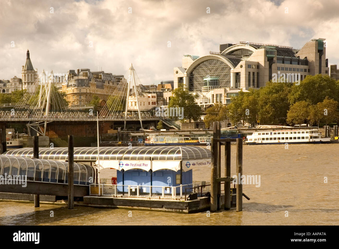 View of Charing Cross Station in London across the Thames showing ...