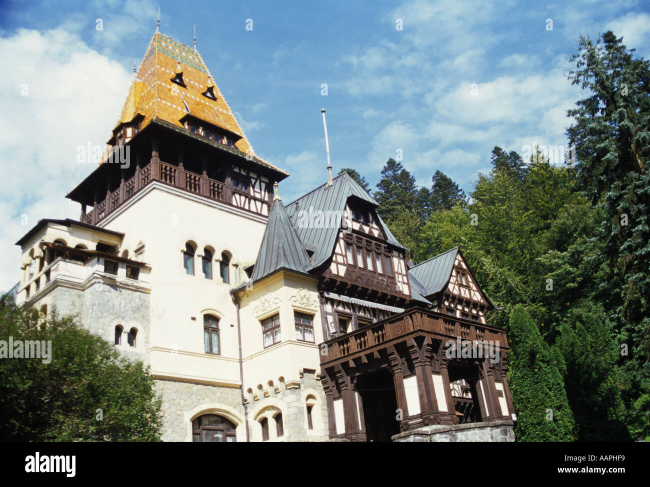 The grand Pelisor Palace behind Peles Castle in Sinaia Romania Stock ...