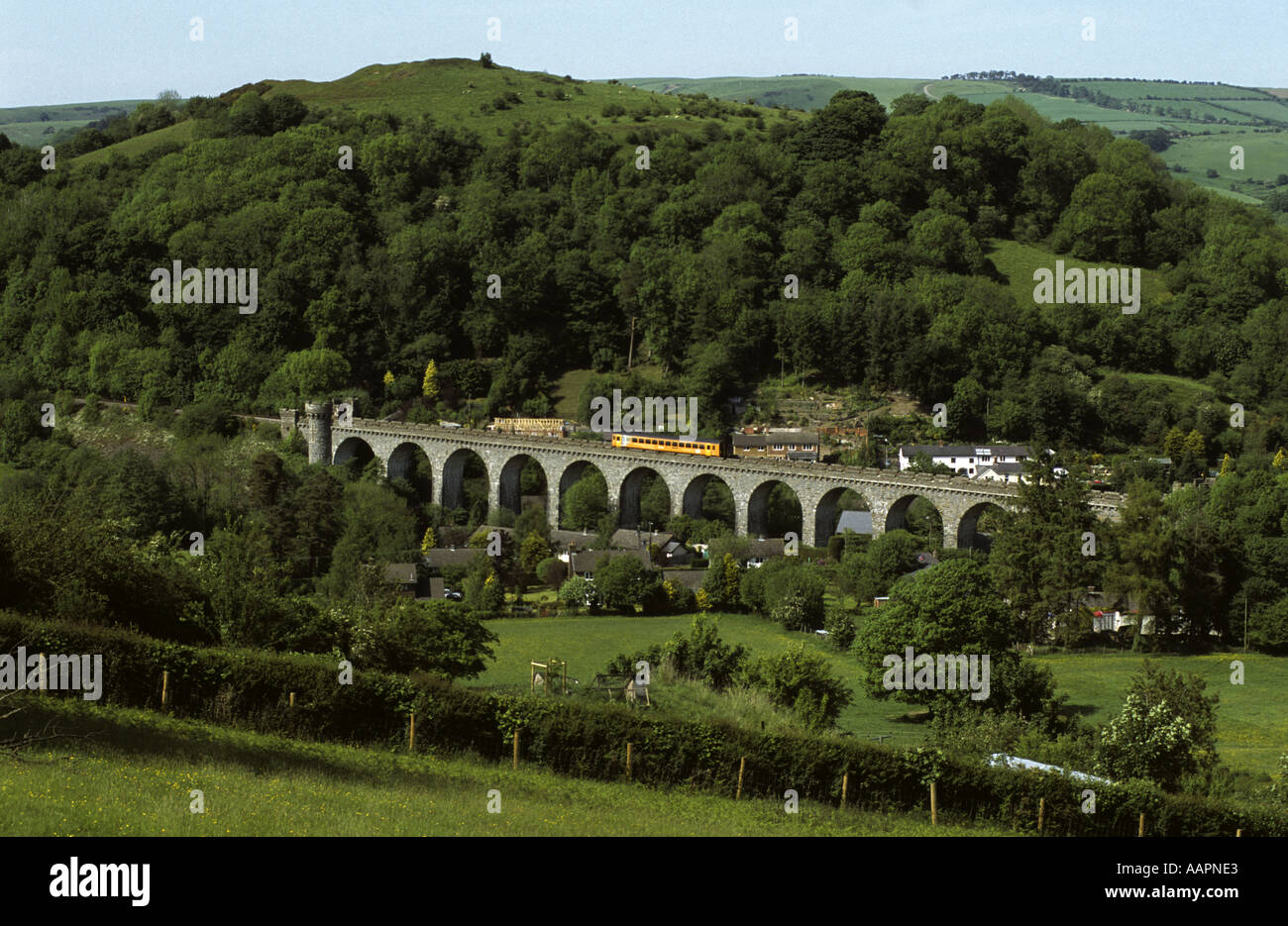 Train on Heart of Wales Line crossing Knucklas Viaduct, Powys, Wales ...