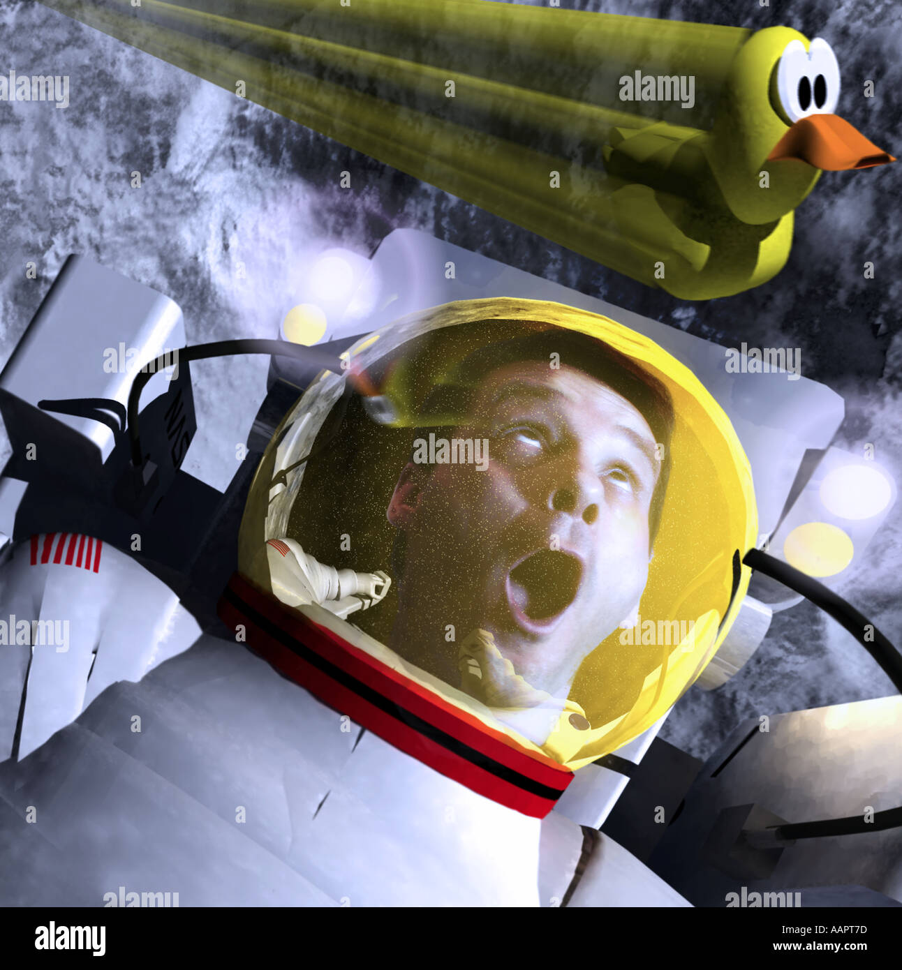 Outer space adventure with man upside down looking shocked in a space ...
