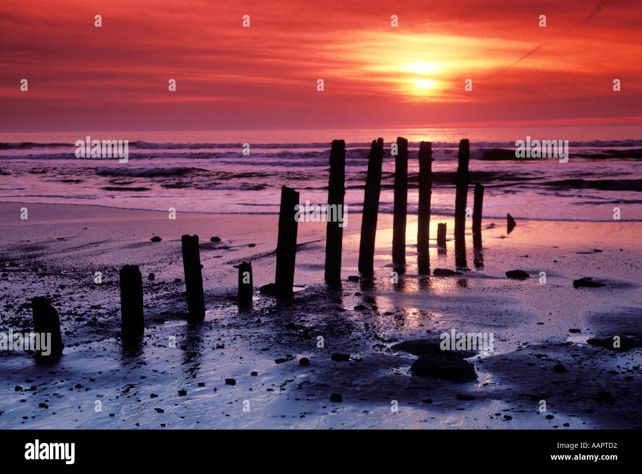 Beach sunset at old pier Stock Photo - Alamy