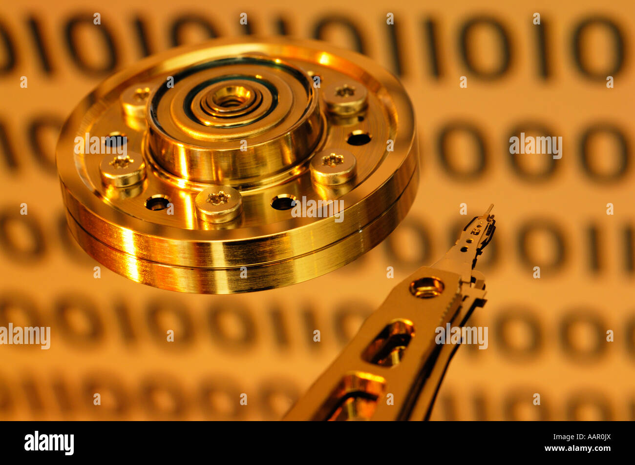 A computer hard disc exposed showing the magnetic disc platter, the read and write head and arm ...
