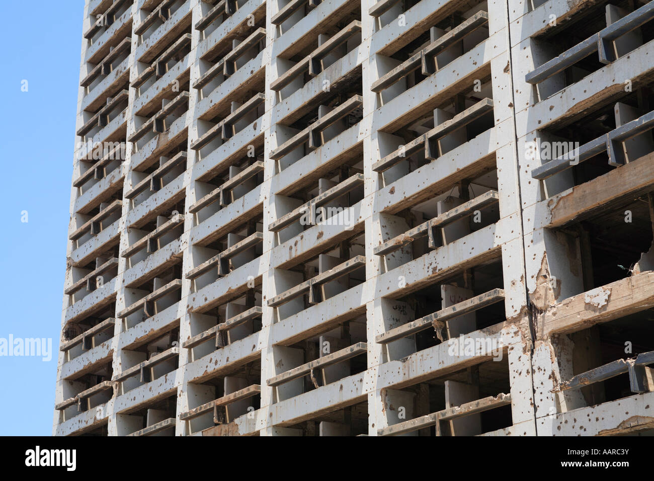 Detail of the still standing bullet ridden Holiday Inn hotel which was ...