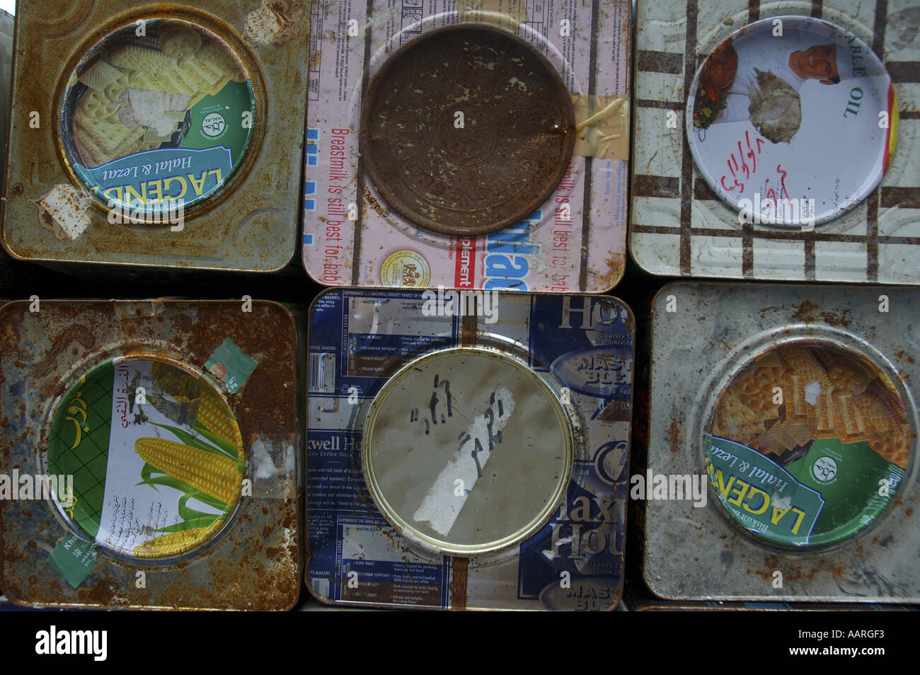 Stack of rusting metal tins, Maldives Stock Photo - Alamy