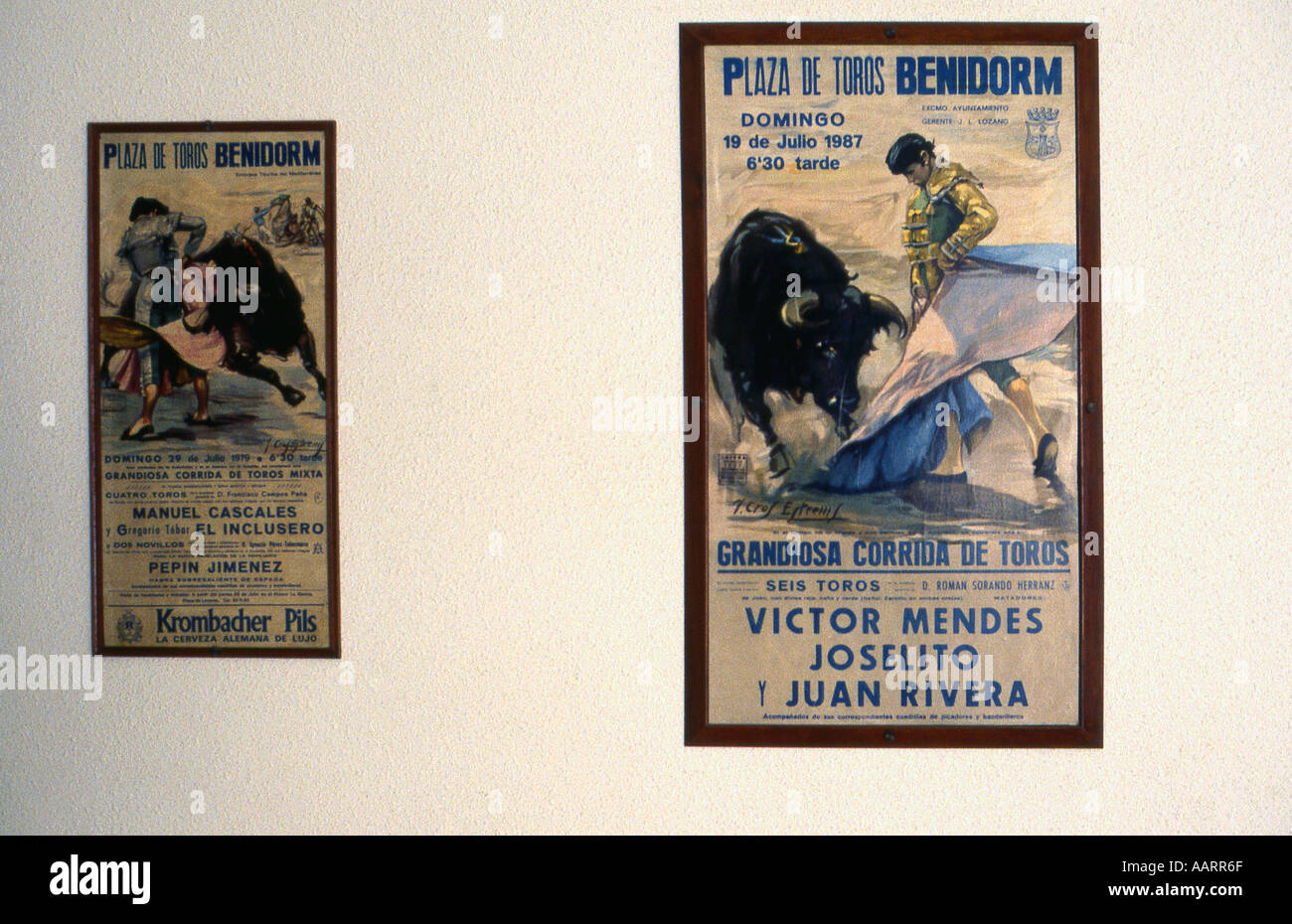 Bullfighting posters in a corridor in the changing area of the bullring ...