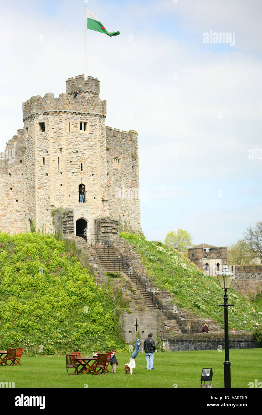 Cardiff castle and castle mound with welsh flag flying Stock Photo - Alamy