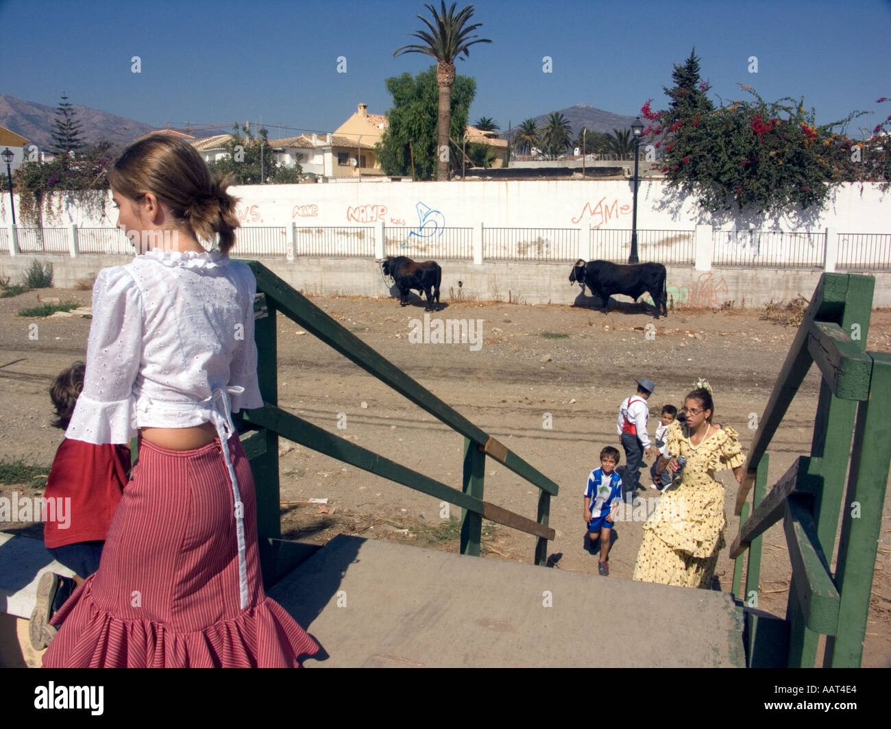 Spanish Children in Traditional Costume in a dried up river bed at the ...