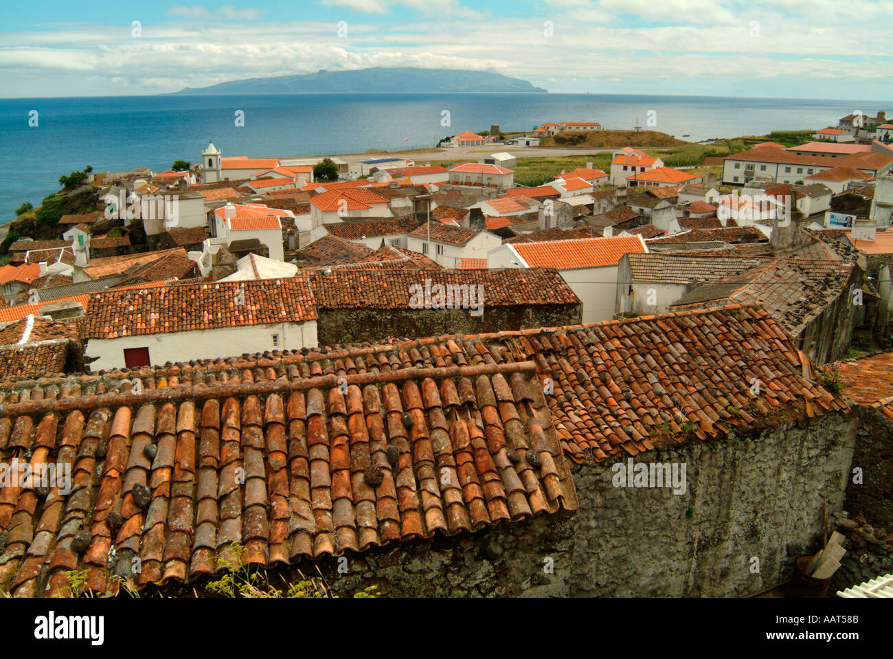 Spanish tile roof tops in the town of Terra Nova on the island of Corvo ...