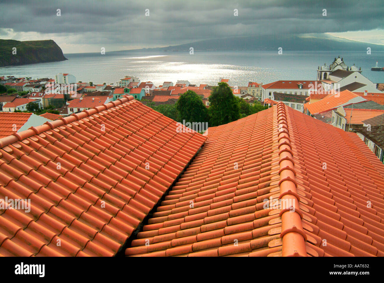 Spanish tiled roofs in the town of Horta on the island of Faial, Azores ...