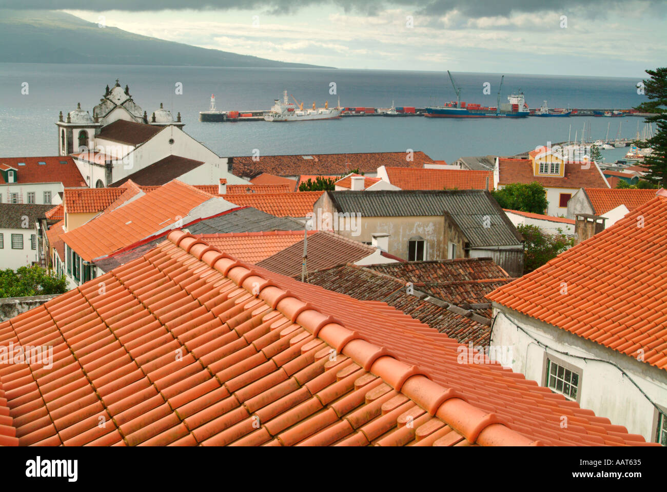 Spanish tiled roofs in the town of Horta on the island of Faial, Azores ...