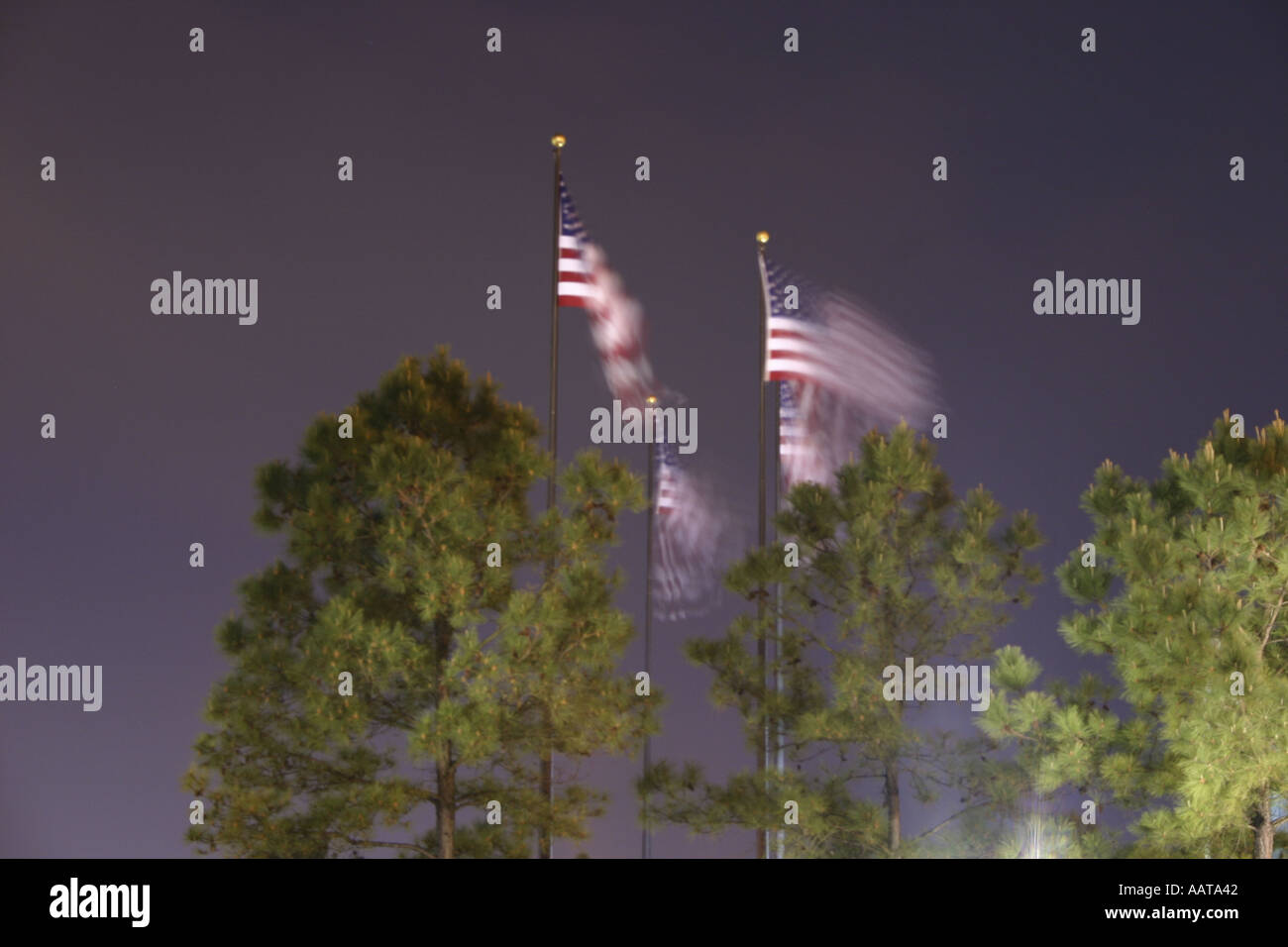 US flags illuminated at night Stock Photo - Alamy