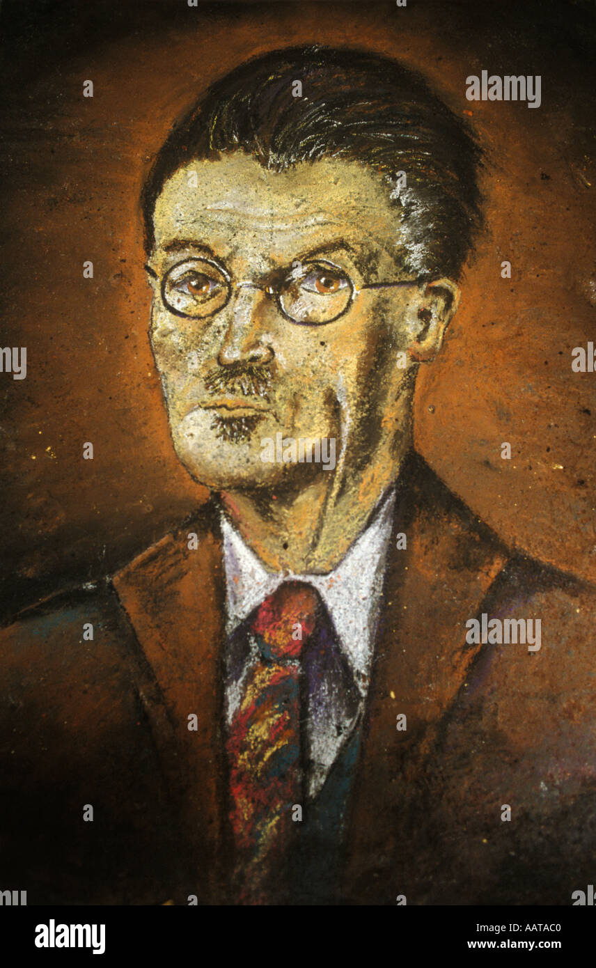 James Joyce portrait, drawn in chalk on the pavement at the Dublin ...