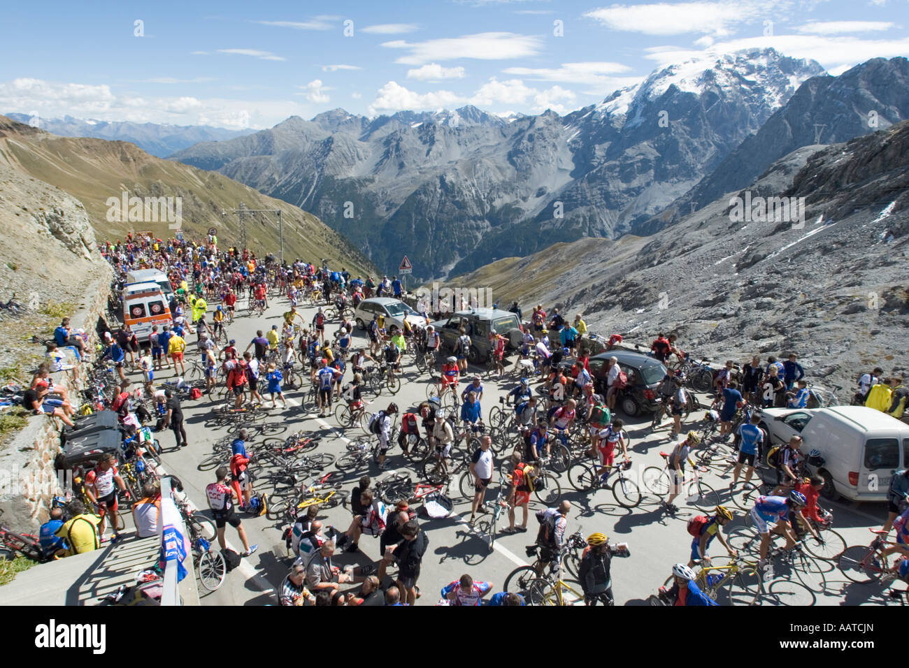 Cyclists during the annual Stelvio Bike day, at the mountain pass of ...