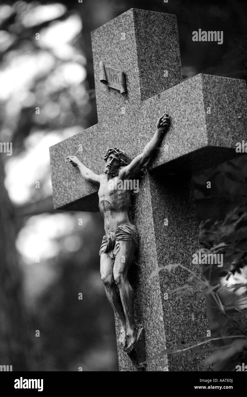 The crucifixion of jesus christ on the cross of tomb Black and White ...