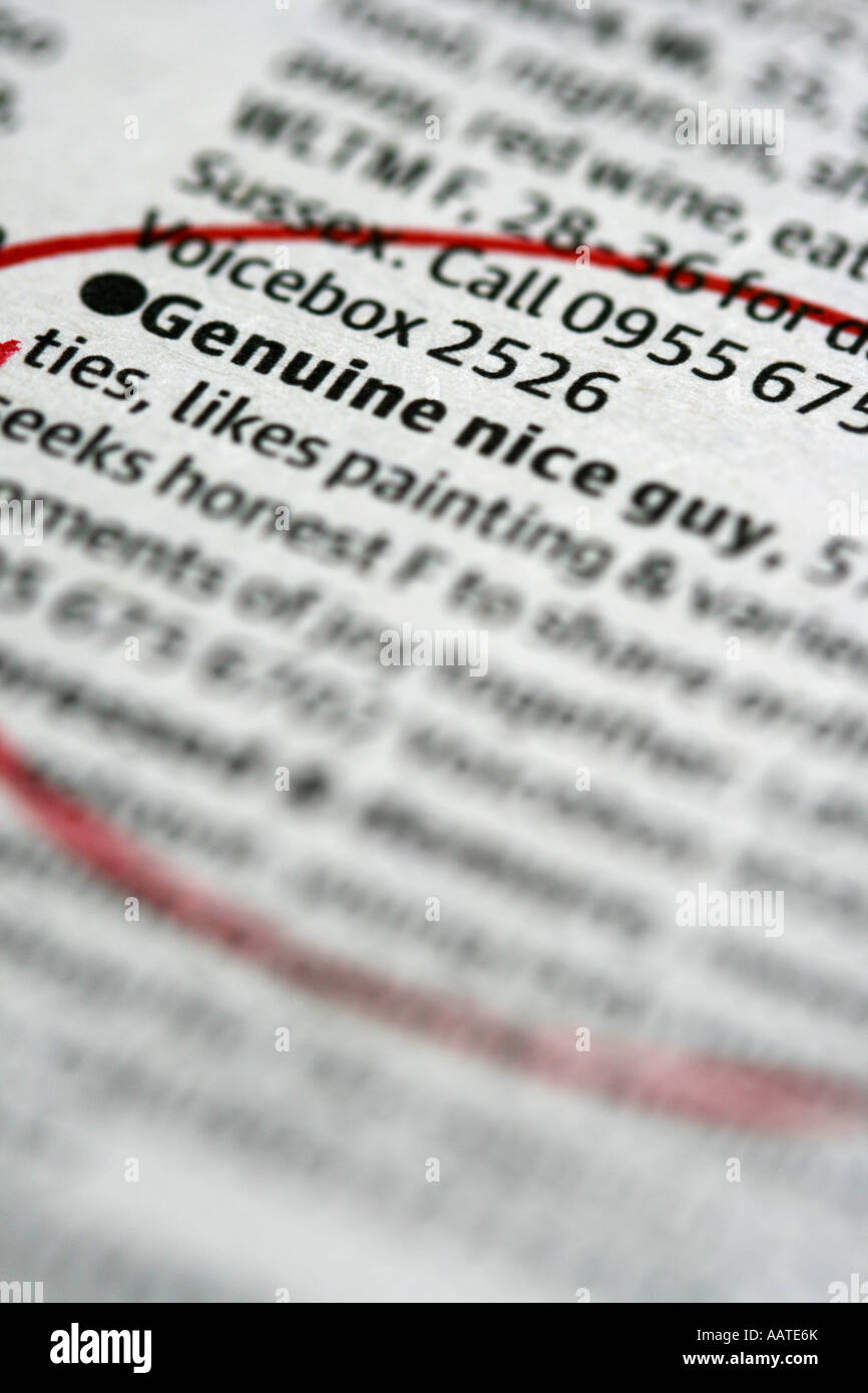 a lonely hearts personal ad in a newspaper with a circle around it in ...