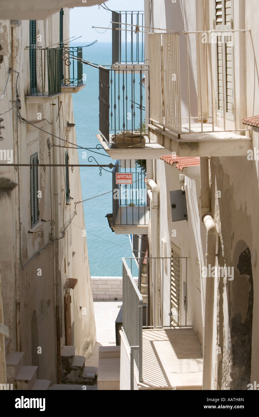 narrow pedestrian street of Vieste, Gargano, Puglia, Italy Stock Photo ...