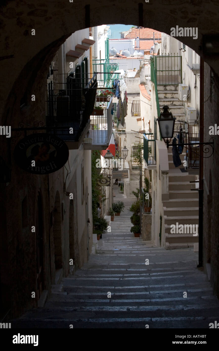 Stepped and steep pedestrian street, Vieste, Gargano, Pugli, Italy ...