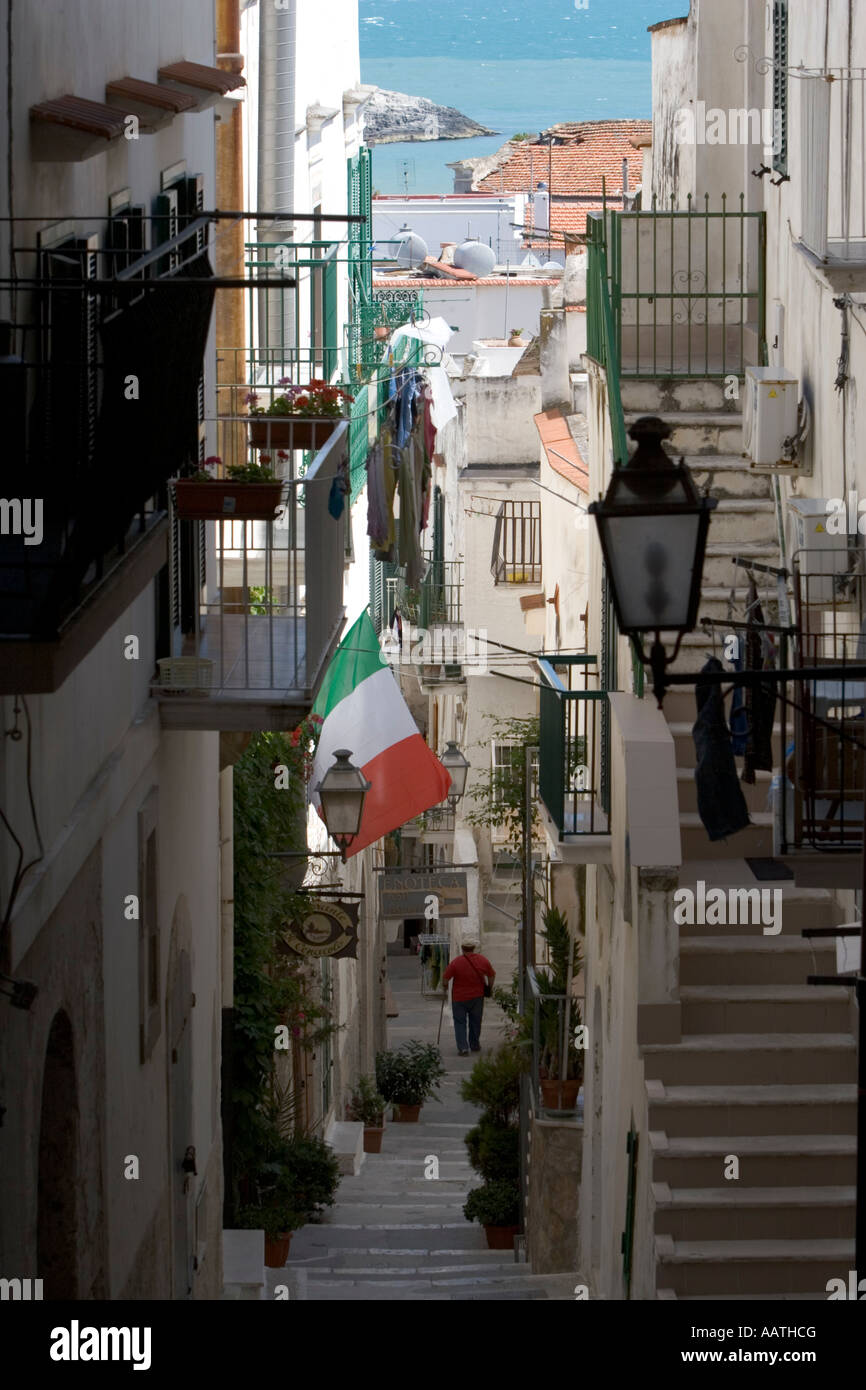 Stepped and steep pedestrian street, Vieste, Gargano, Pugli, Italy ...